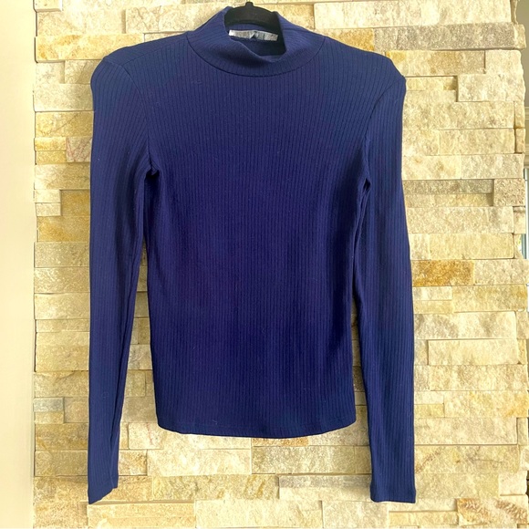 Mango | Tops | Mango Blue Mock Neck Ribbed Top | Poshmark